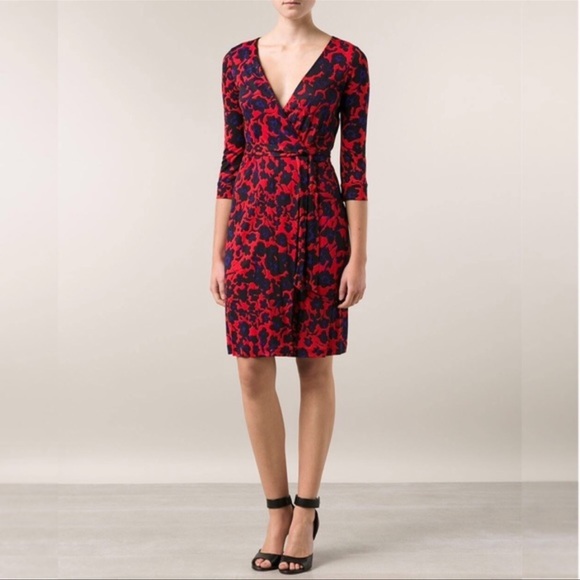 Diane Von Furstenberg | Dresses | Dvf Red Cheetah Floral Wrap Dress 4 ...
